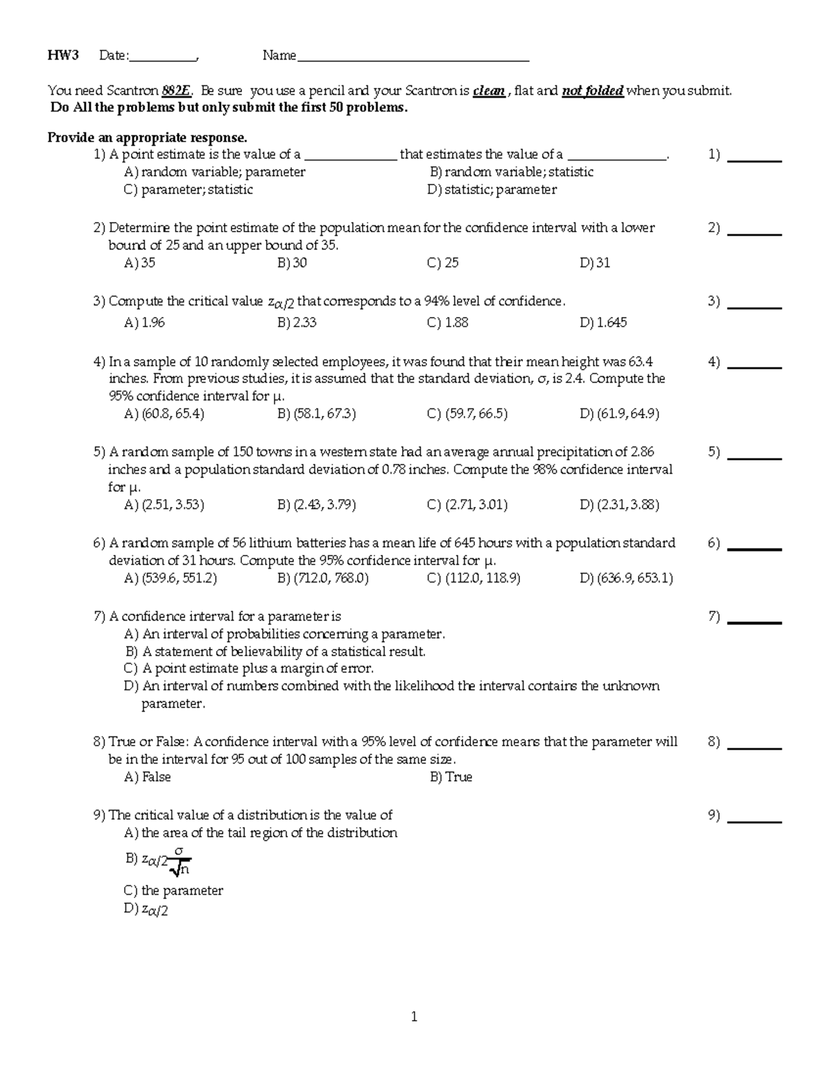 HW3-1-1: Confidence Intervals and Point Estimates Homework - Studocu