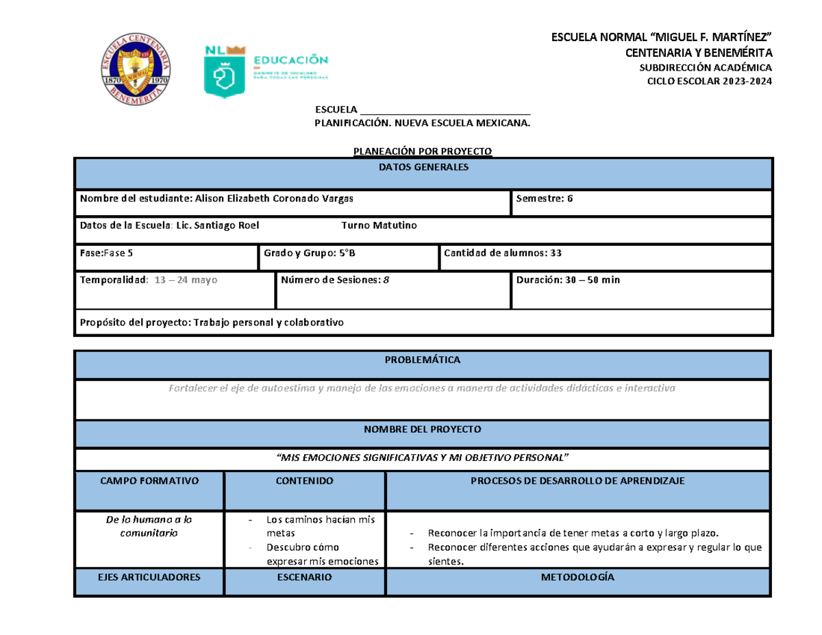 Plan Actividades Socioemocional - ESCUELA NORMAL “MIGUEL F. MARTÍNEZ ...