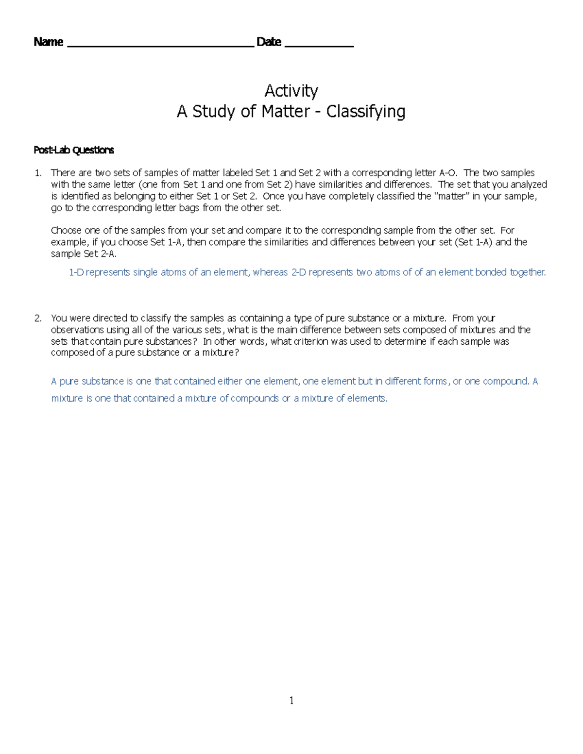 Activity - Post Lab: Classifying Matter in Samples (Malone) - Studocu