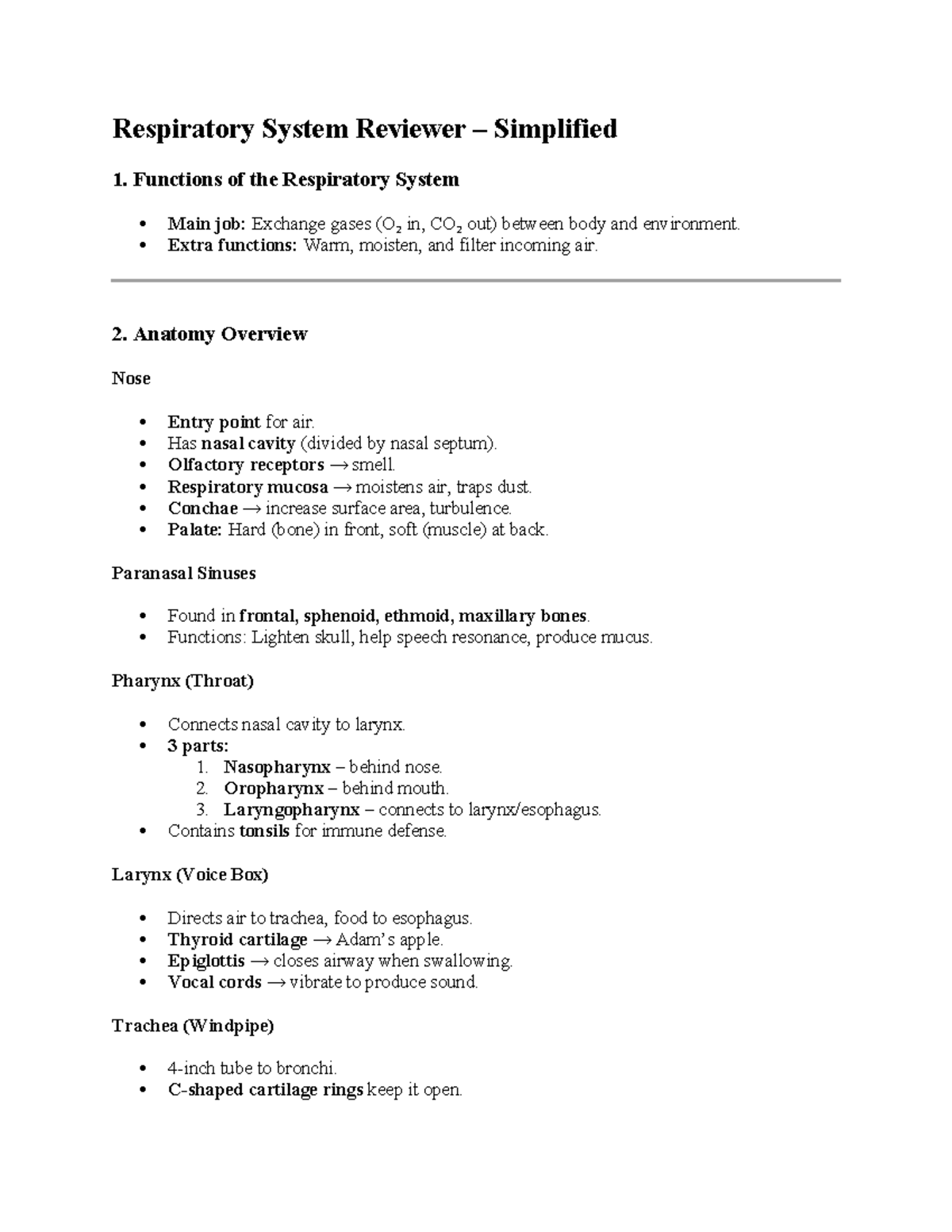 Respiratory System Review: Key Functions & Anatomy Overview - Studocu