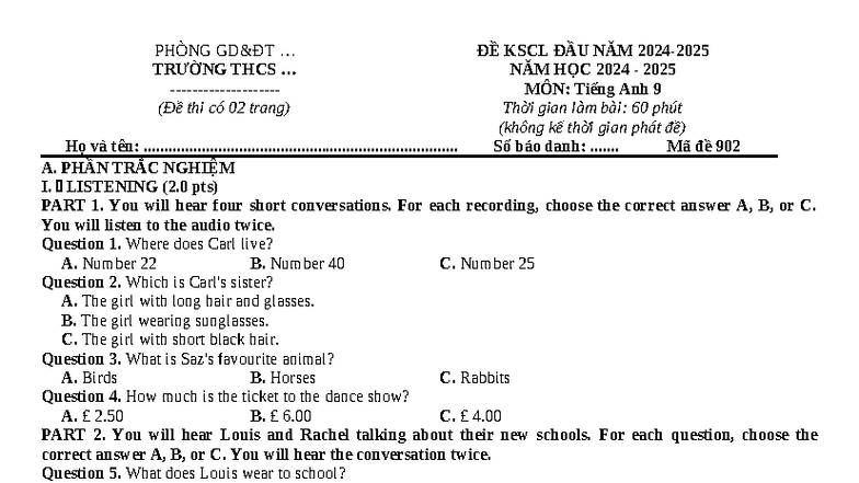 ĐỀ KSCL ĐẦU NĂM MÔN TIẾNG ANH 9 - Mã đề 902 - Studocu
