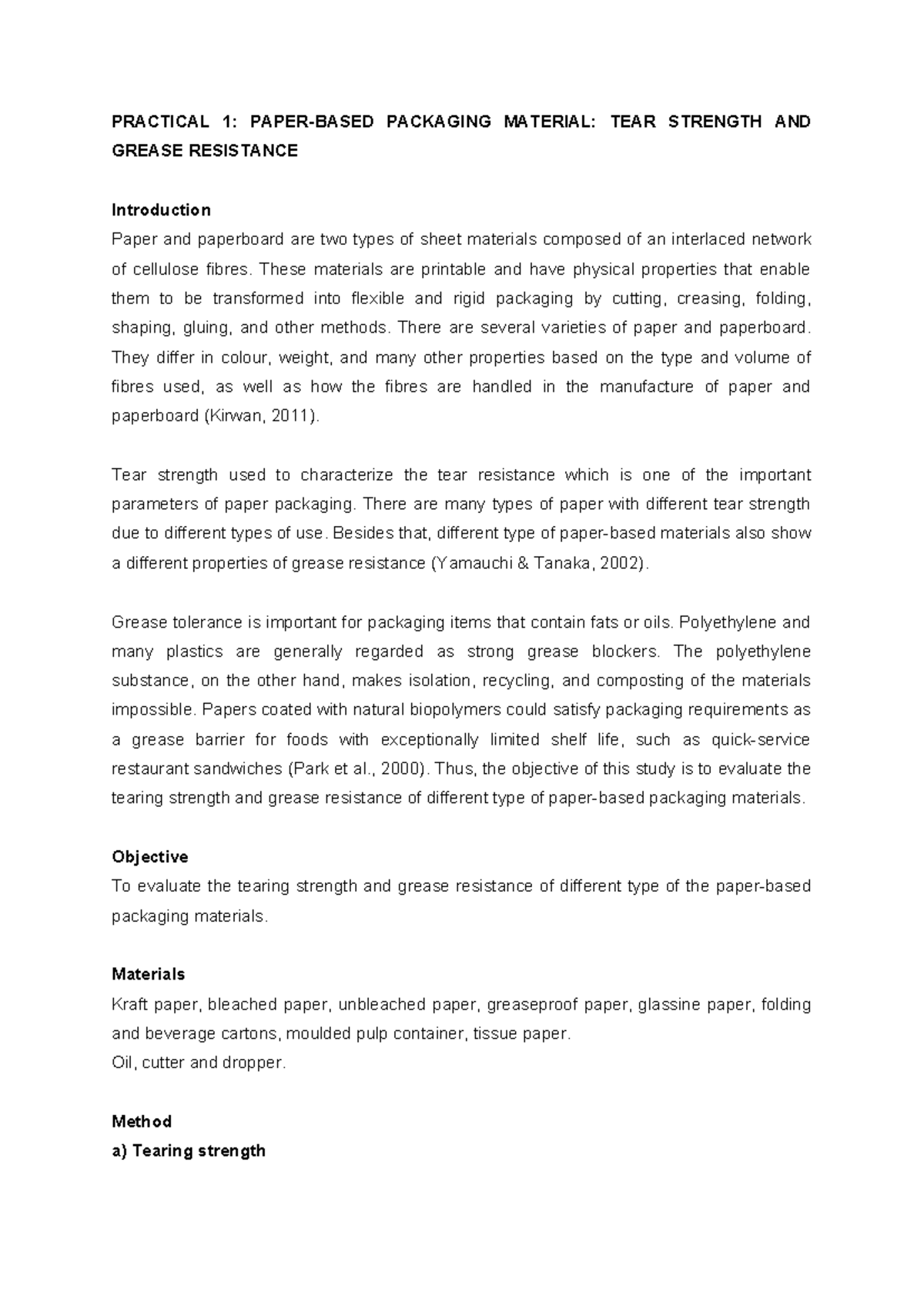 FST 648 Practical 5: Tear Strength & Grease Resistance of Paper-Based ...