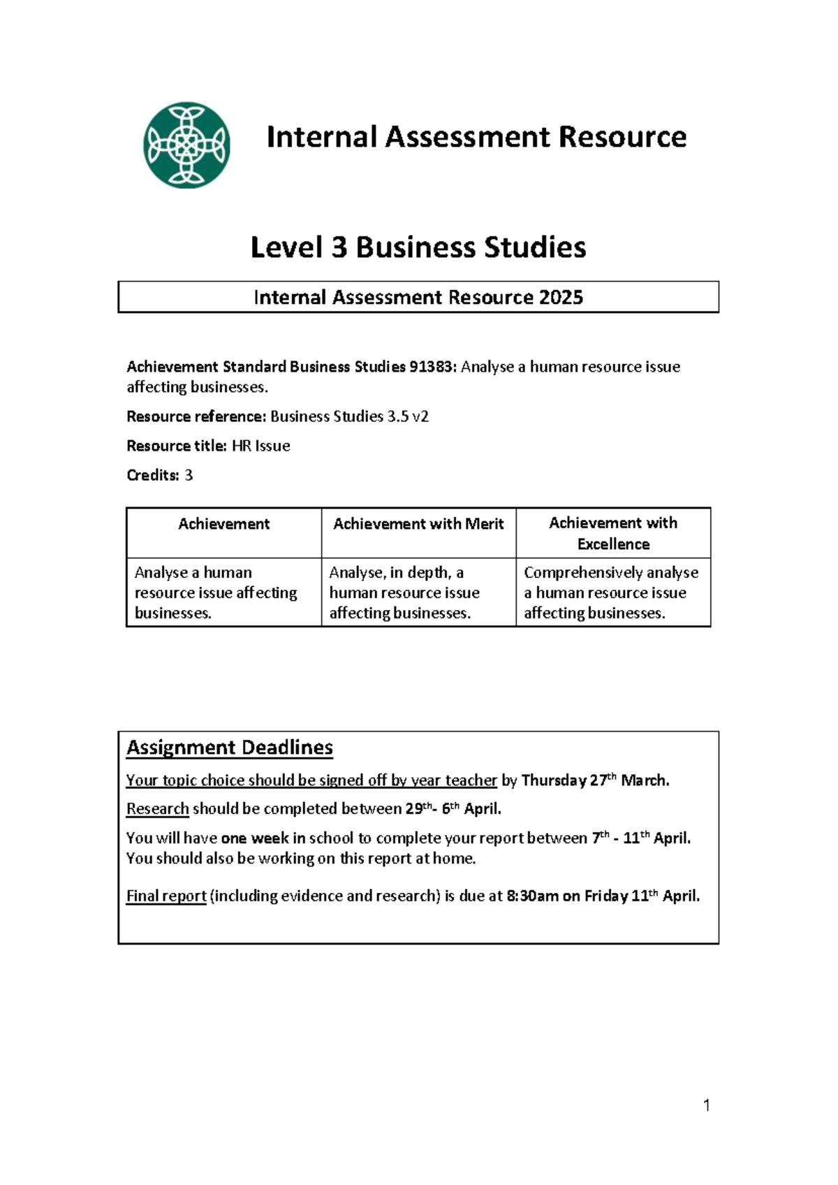 2025 Business Studies AS 91383: HR Issue Analysis Assignment Guide ...