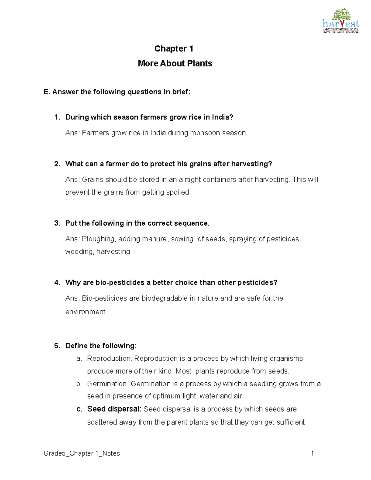 Grade 5 Chapter 1 Notes: More About Plants and Their Growth - Studocu