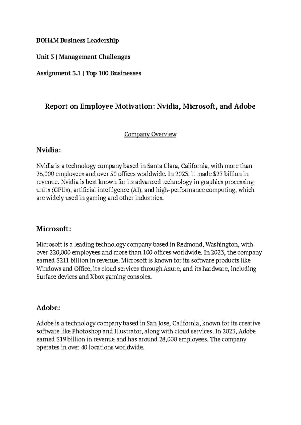 BOH4M Assignment 3.1 - Employee Motivation Strategies of Top Firms ...