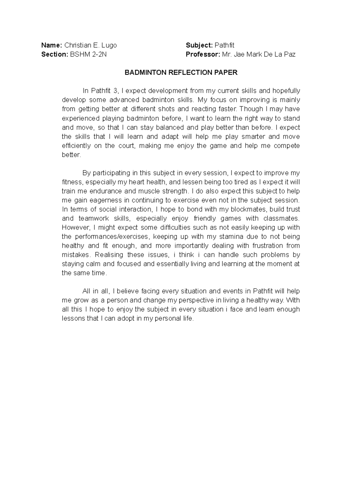 Pathfit 3: Badminton Reflection Paper on Skills and Personal Growth ...