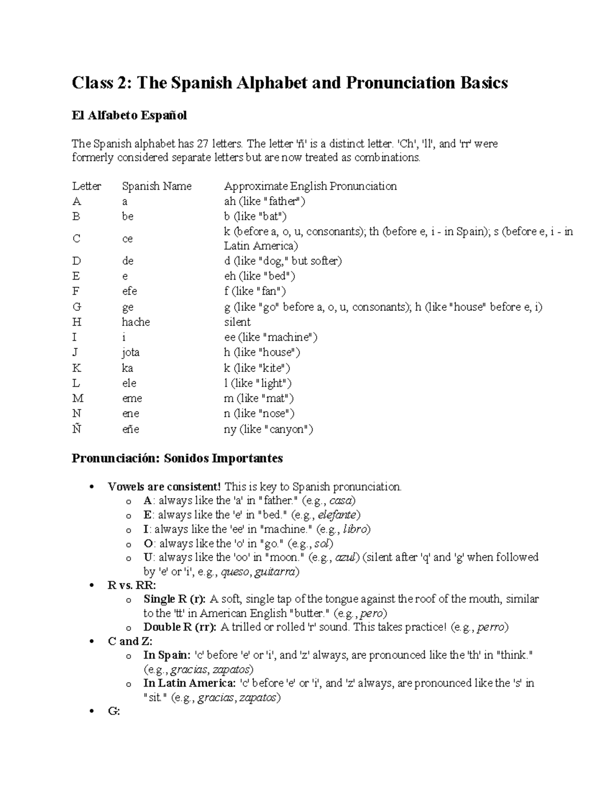 Class 2: Spanish Alphabet & Pronunciation Basics (9.8 Notes) - Studocu