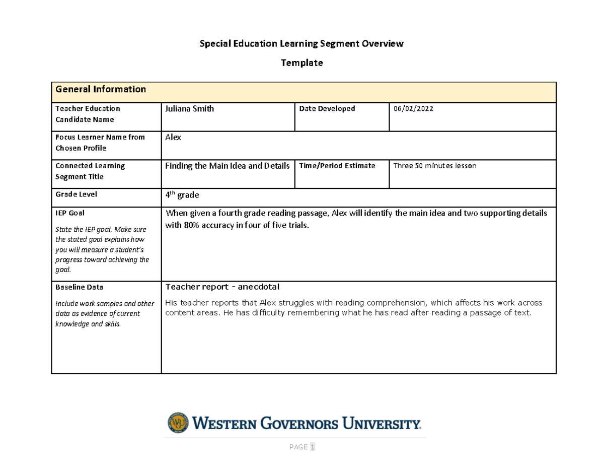 Special Education Task 2: Learning Segment on Main Ideas & Details ...
