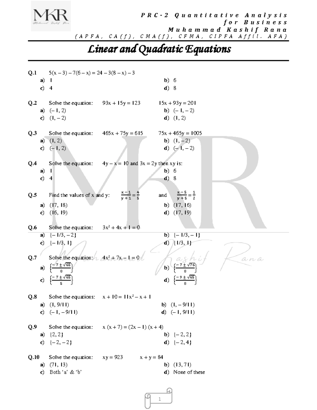 P R C 2 (A P F A, C A (f)) Linear & Quadratic Equations Notes - Studocu