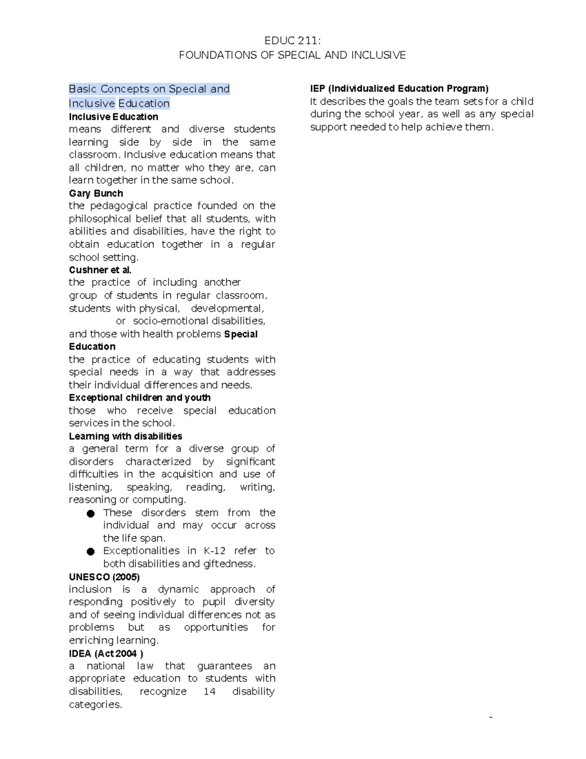 EDUC 211: Midterm Review on Special and Inclusive Education Concepts ...