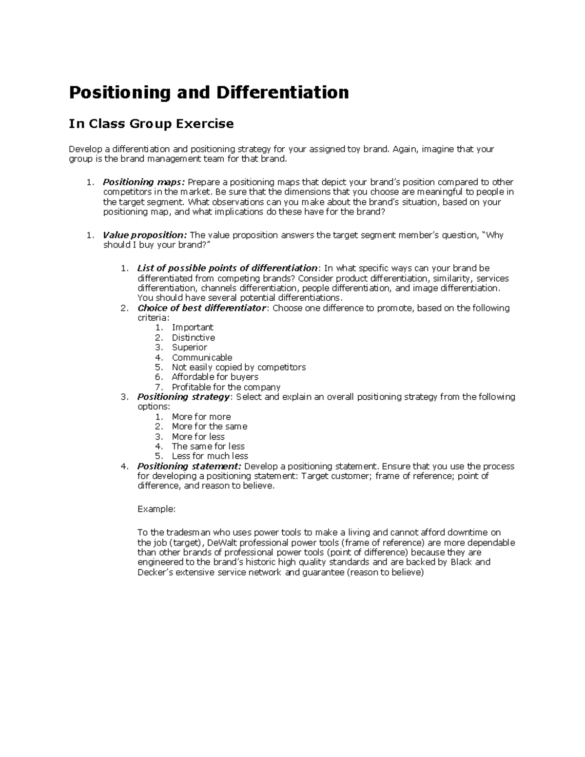 4. Positioning and Differentiation Exercise - Positioning and ...