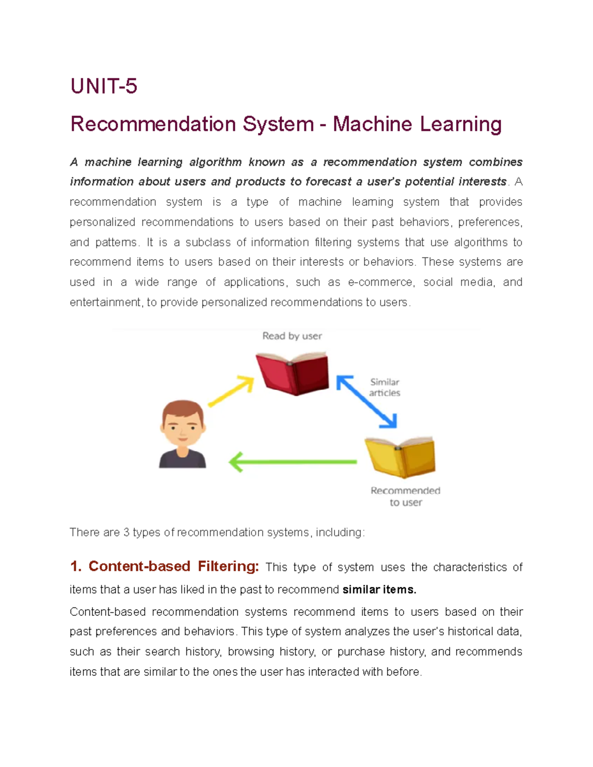 UNIT 5: Overview of Recommendation Systems in Machine Learning - Studocu