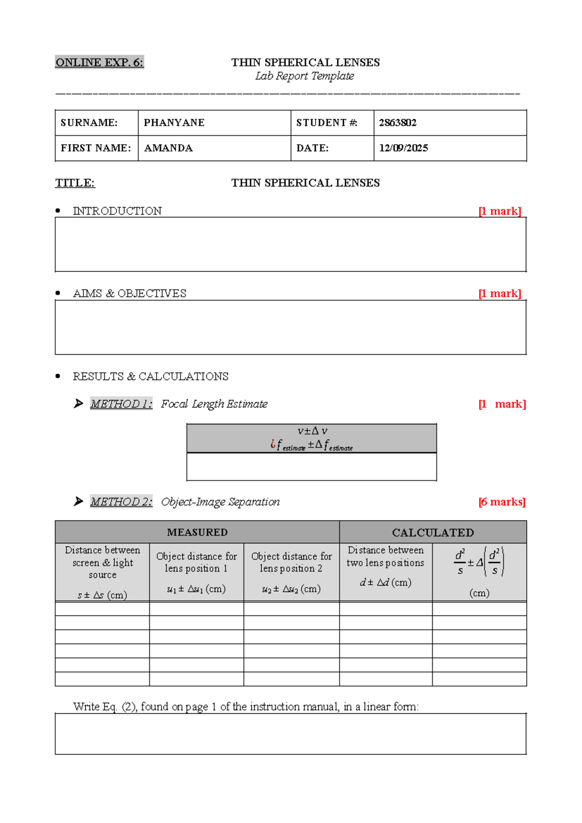 Exp06: Lab Report Template for Thin Spherical Lenses - Studocu