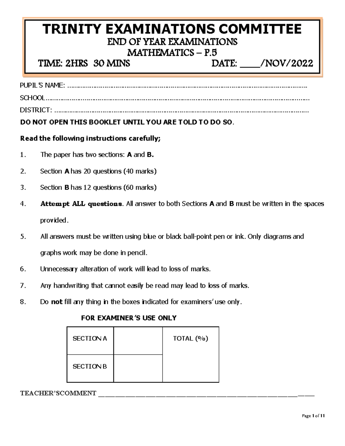 Math P.5 End of Year Exam - Trinity Examinations Committee - Studocu