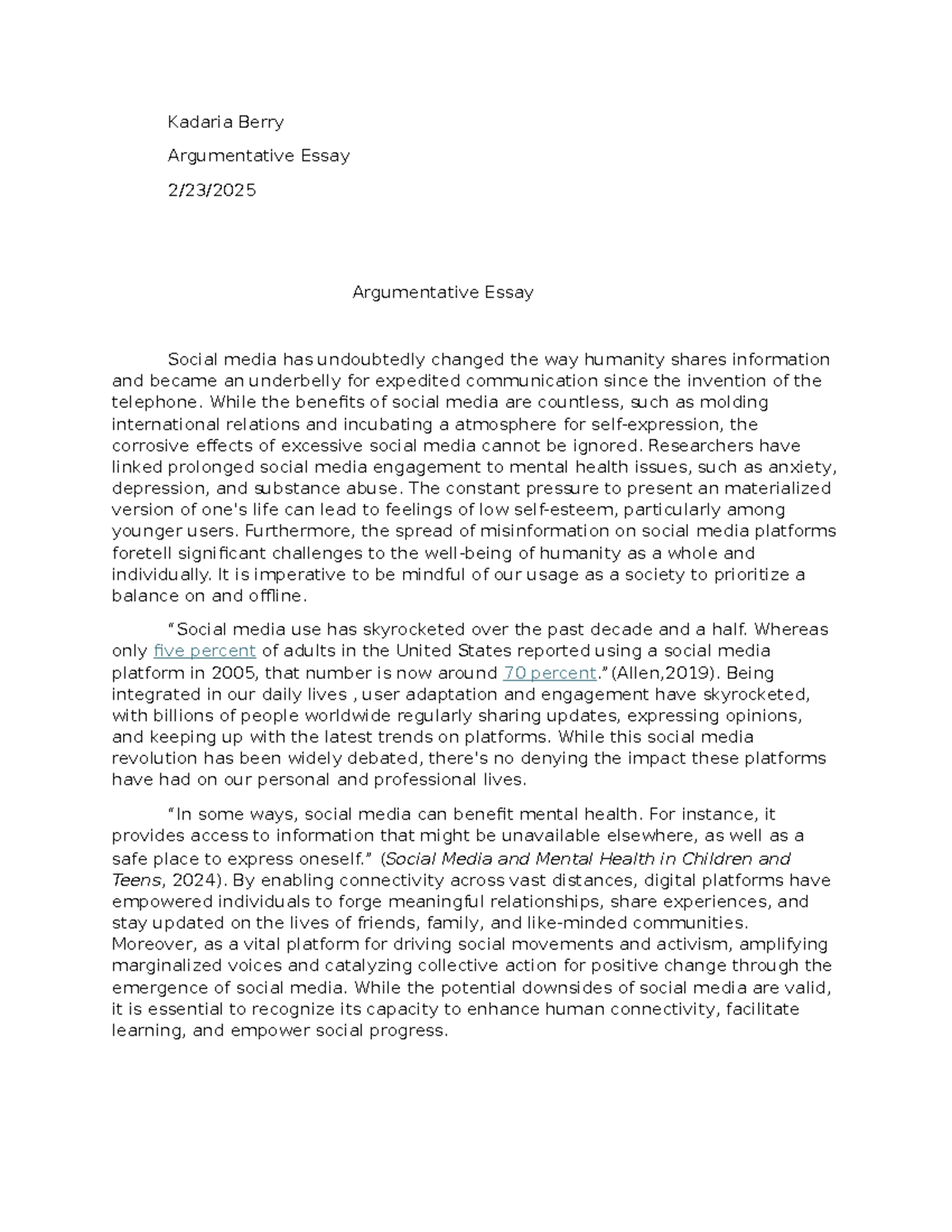 Argumentative Essay (14 - Kadaria Berry Argumentative Essay 2/23 ...