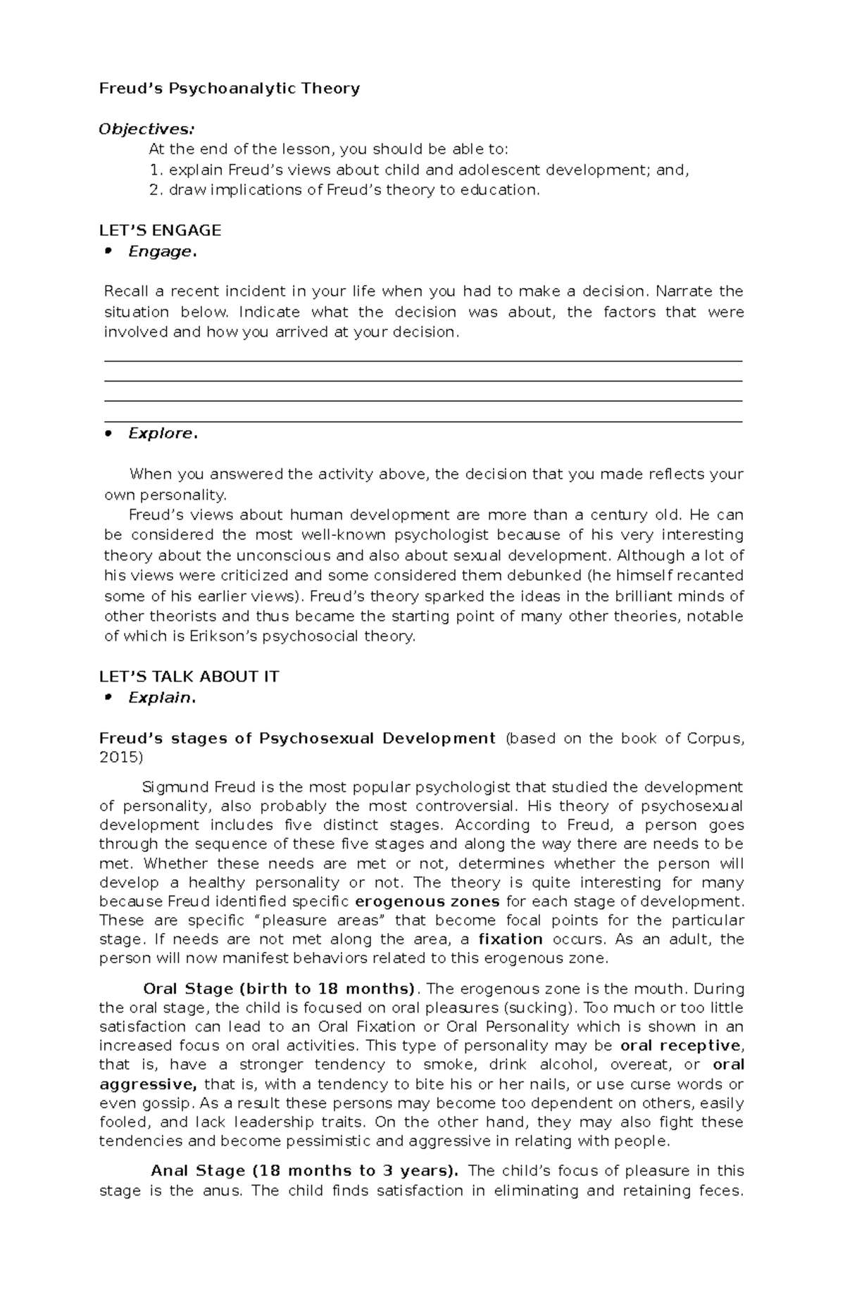PSY 101: Freud's Psychoanalytic Theory & Human Development Stages - Studocu