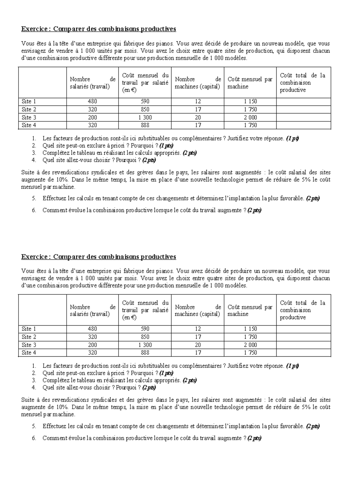Exercice SES - Comparaison des combinaisons productives pour pianos ...