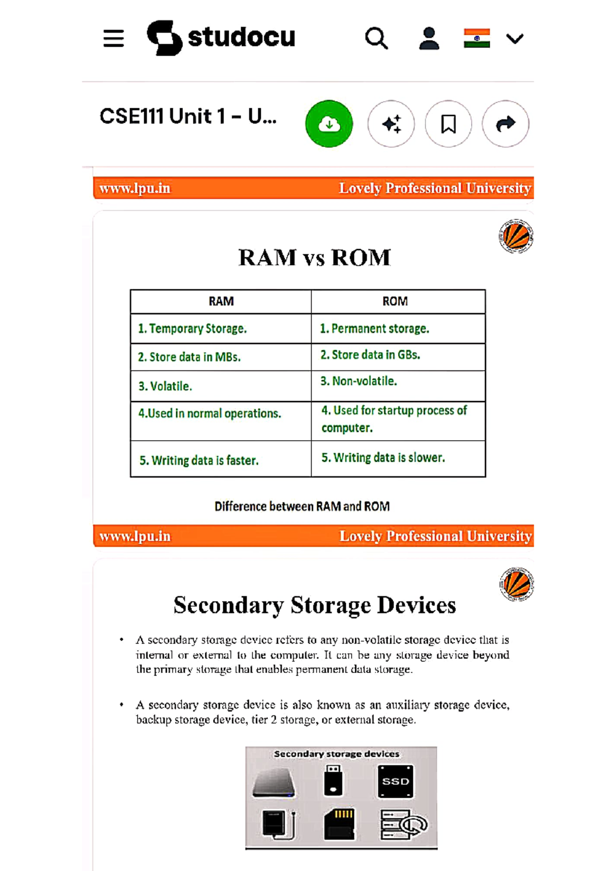 Unit 1: RAM vs ROM - Lovely Professional University - Studocu