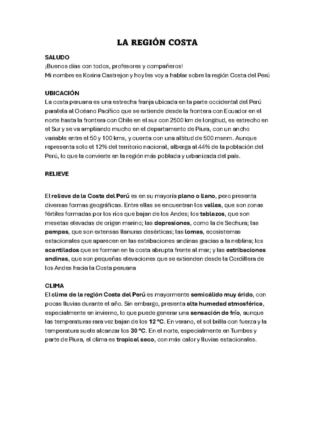 LA REGIÓN COSTA DEL PERÚ: UBICACIÓN, RELIEVE Y CLIMA - Studocu