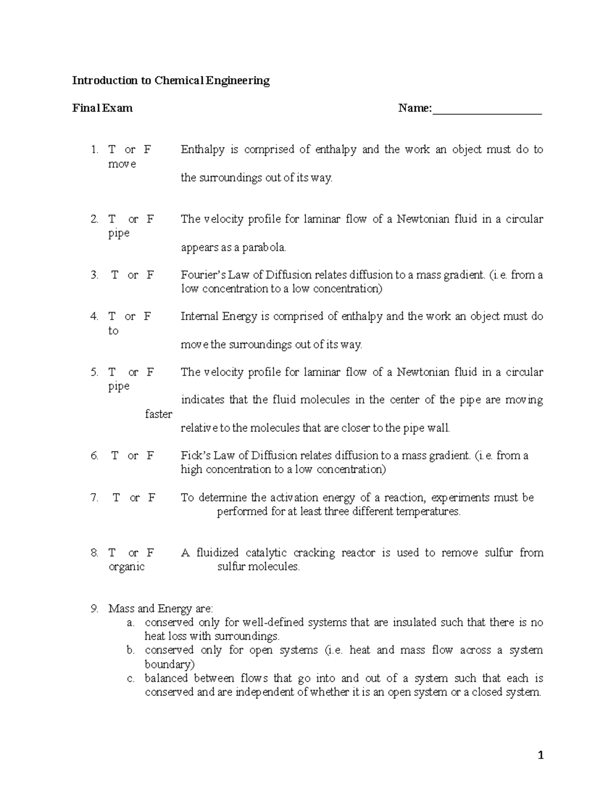 CHE 315 Final Exam Practice Questions for Chemical Engineering - Studocu