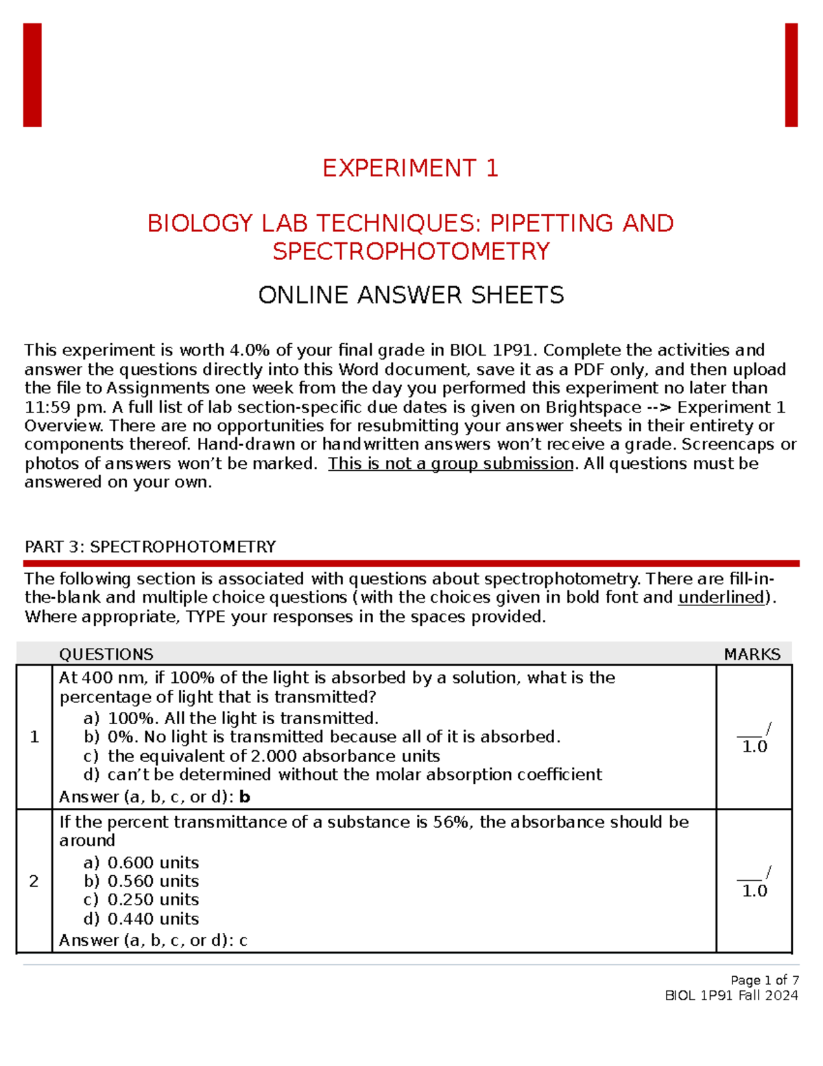 Experiment 1: Online Answer Sheets for Biology Lab Techniques BIOL 1P91 ...