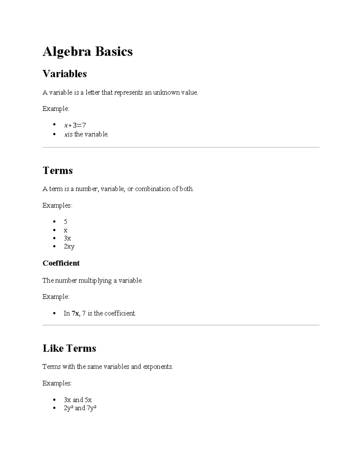 Algebra Basics: Variables, Terms, and Equations Notes - Studocu