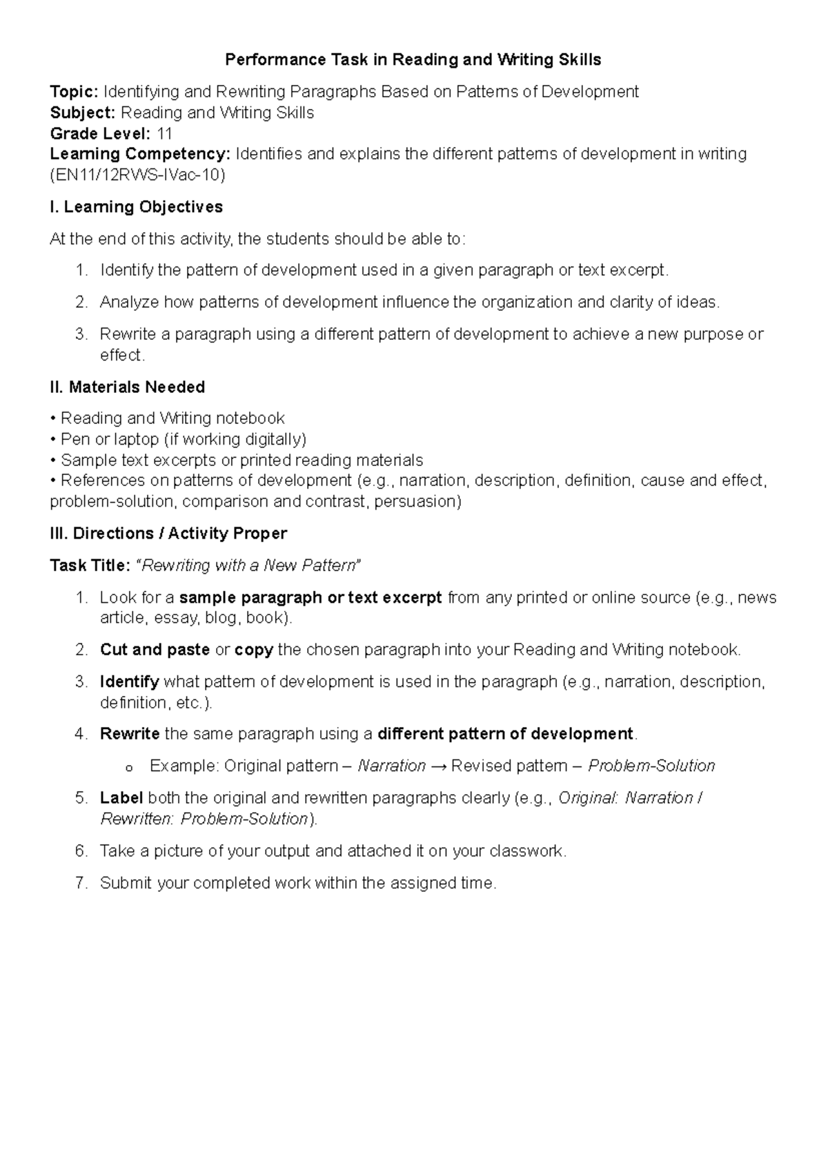 Performance Task: Identifying & Rewriting Paragraphs (Grade 11) - Studocu