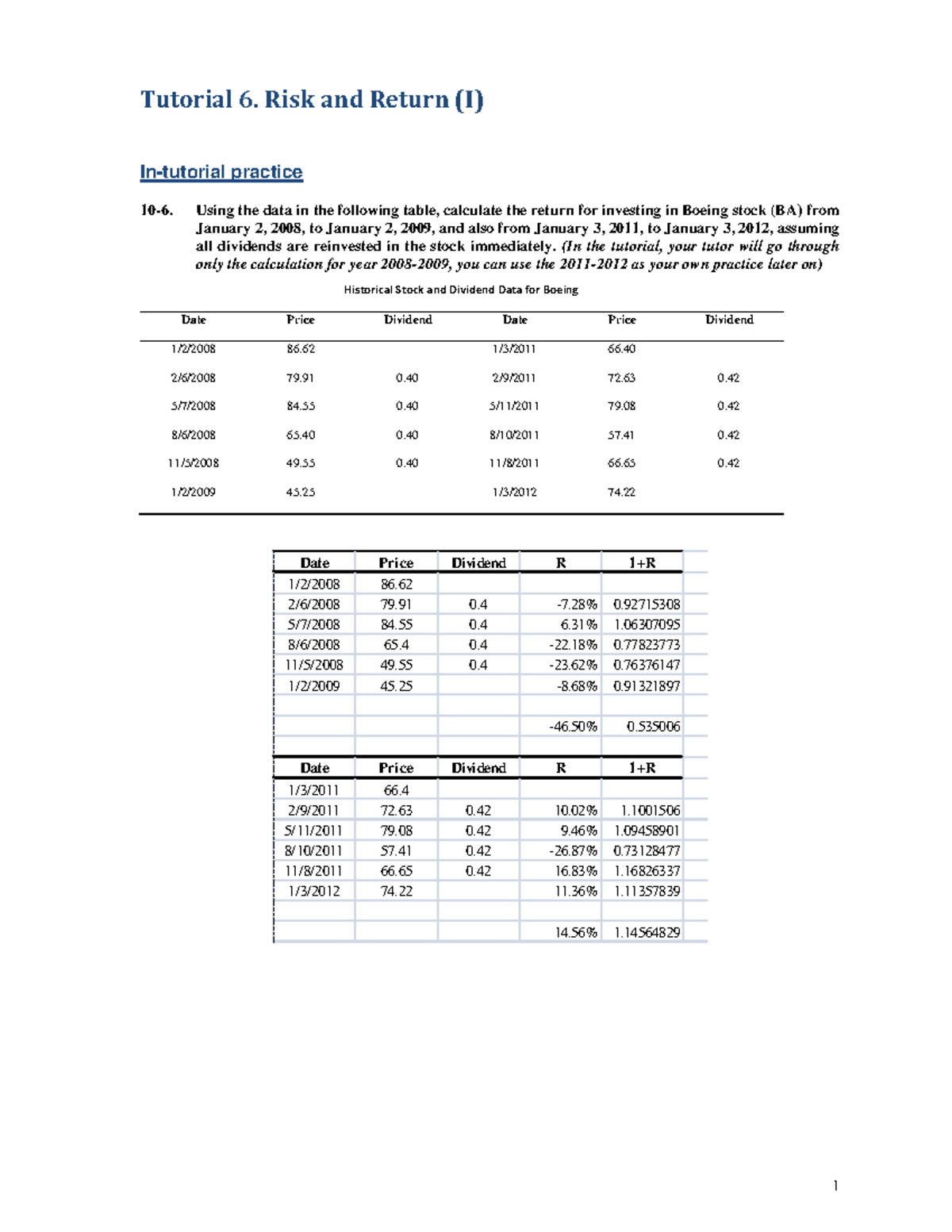 Tutorial 6: Risk & Return Calculations for Boeing Stock - Studocu