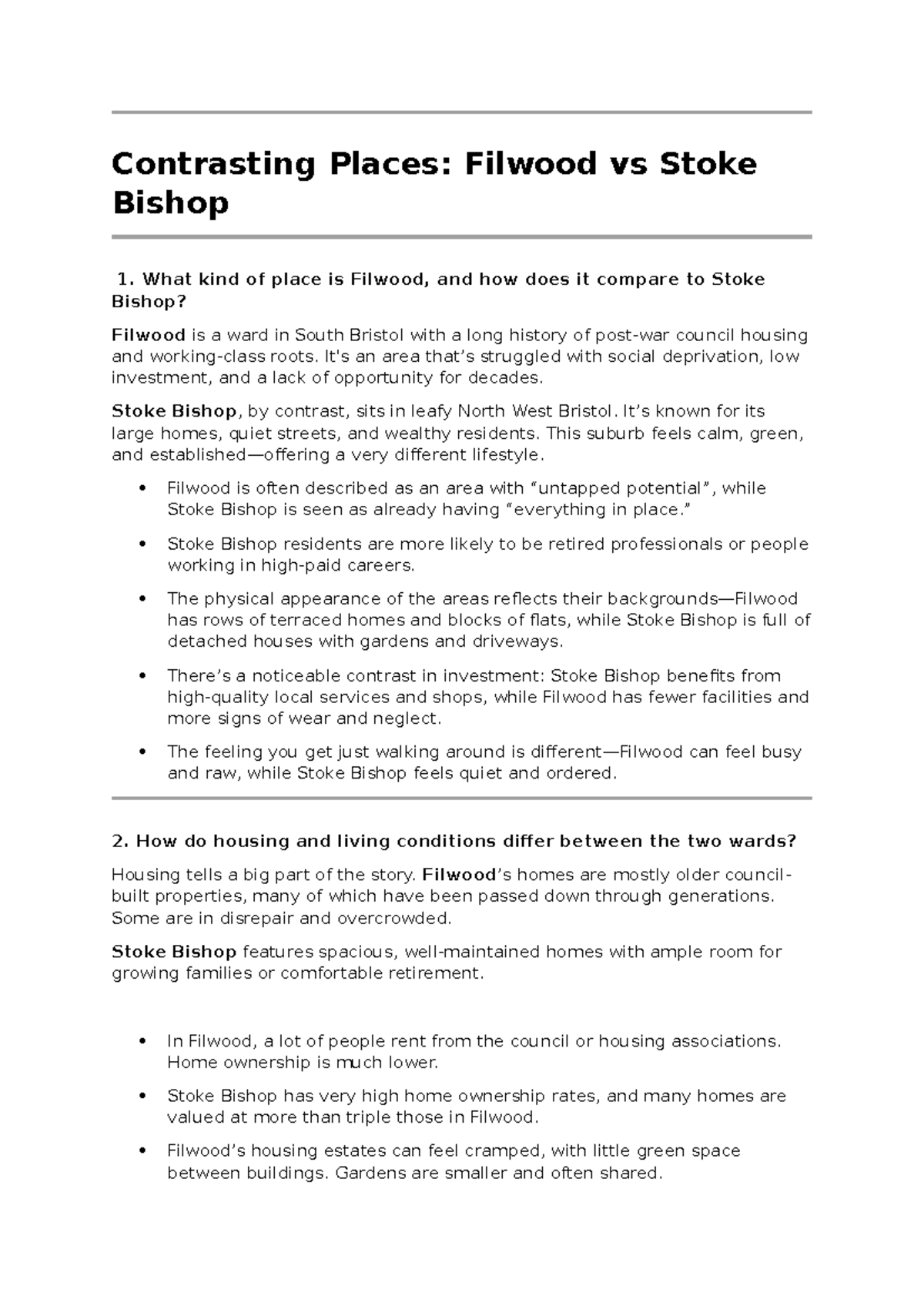 Contrasting Places: Filwood vs Stoke Bishop - A Comparative Study - Studocu