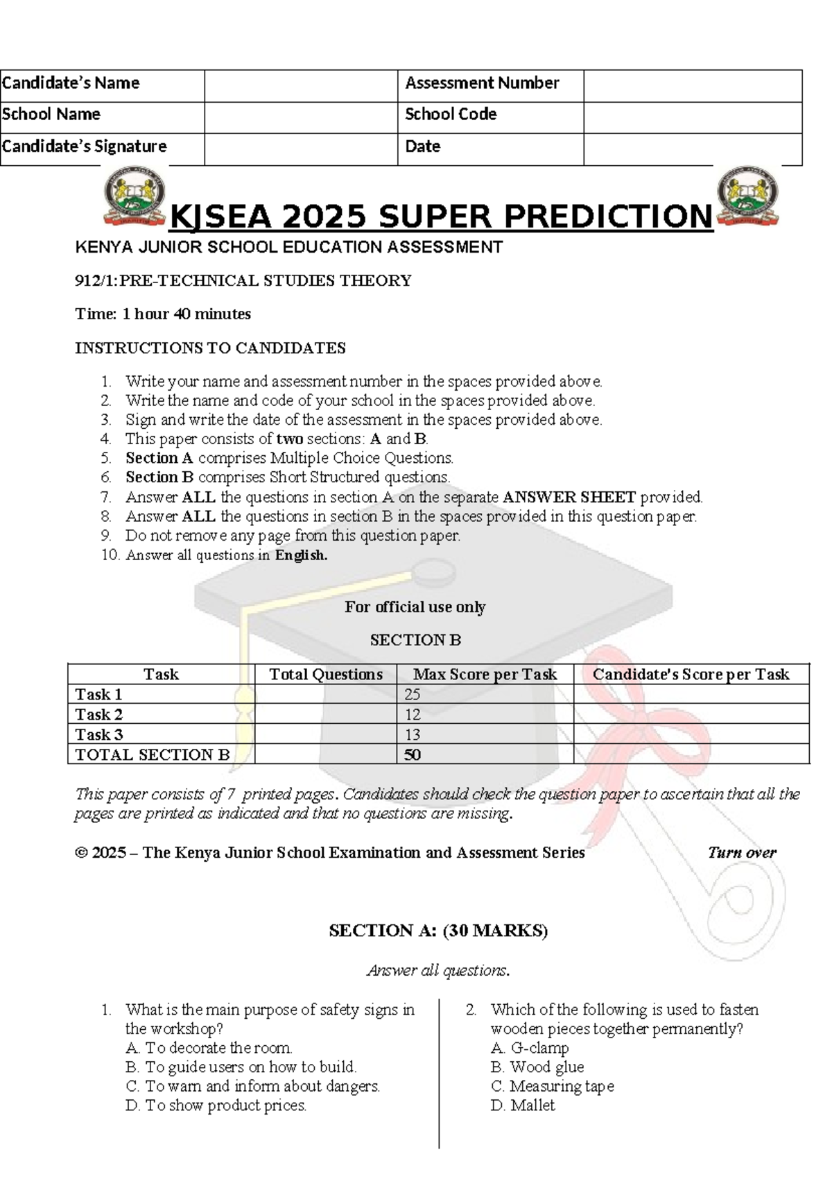 Grade 9 Pretechnical Studies PP1 Assessment 2025: Super Prediction - Studocu