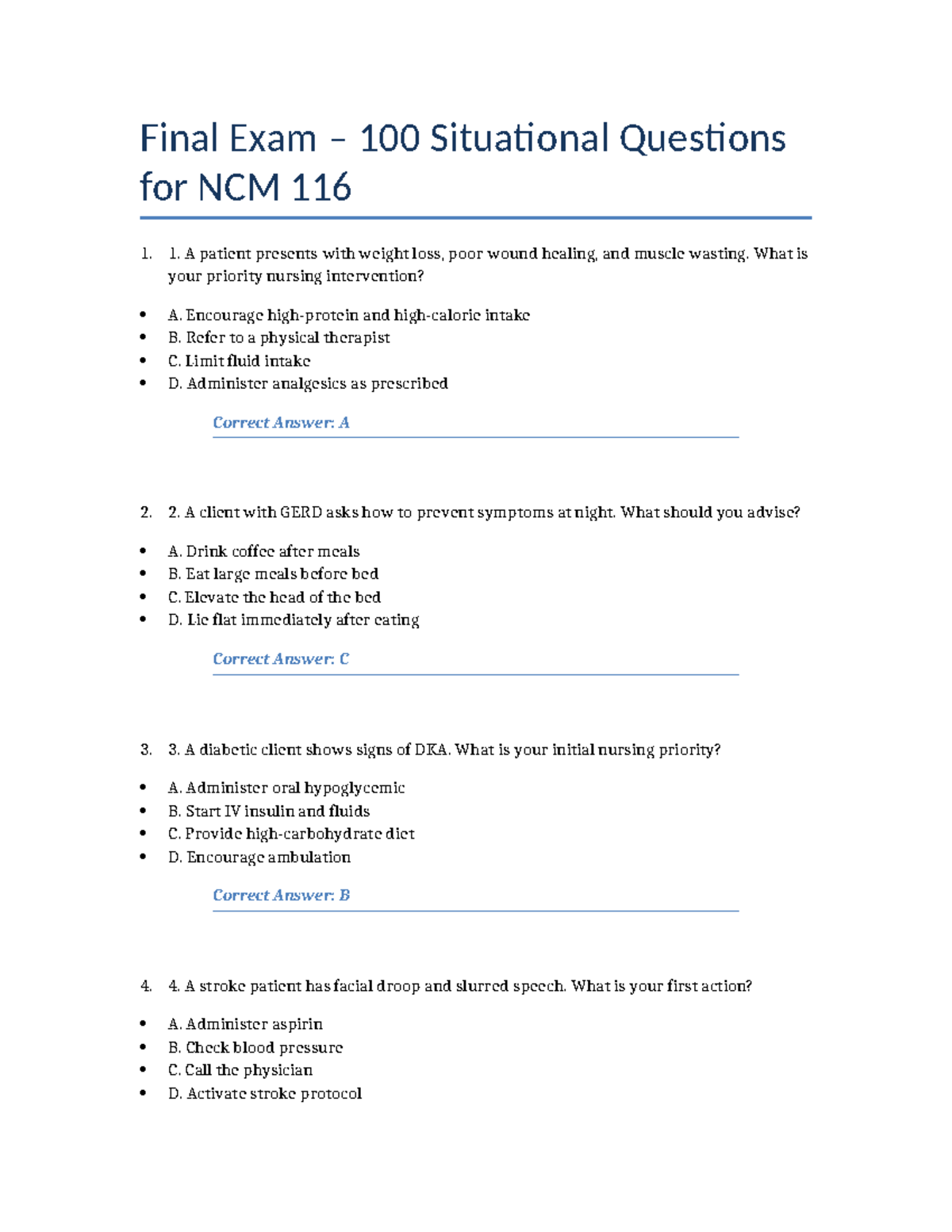 NCM 116 Final Exam: 100 Situational Questions for Nursing Practice ...