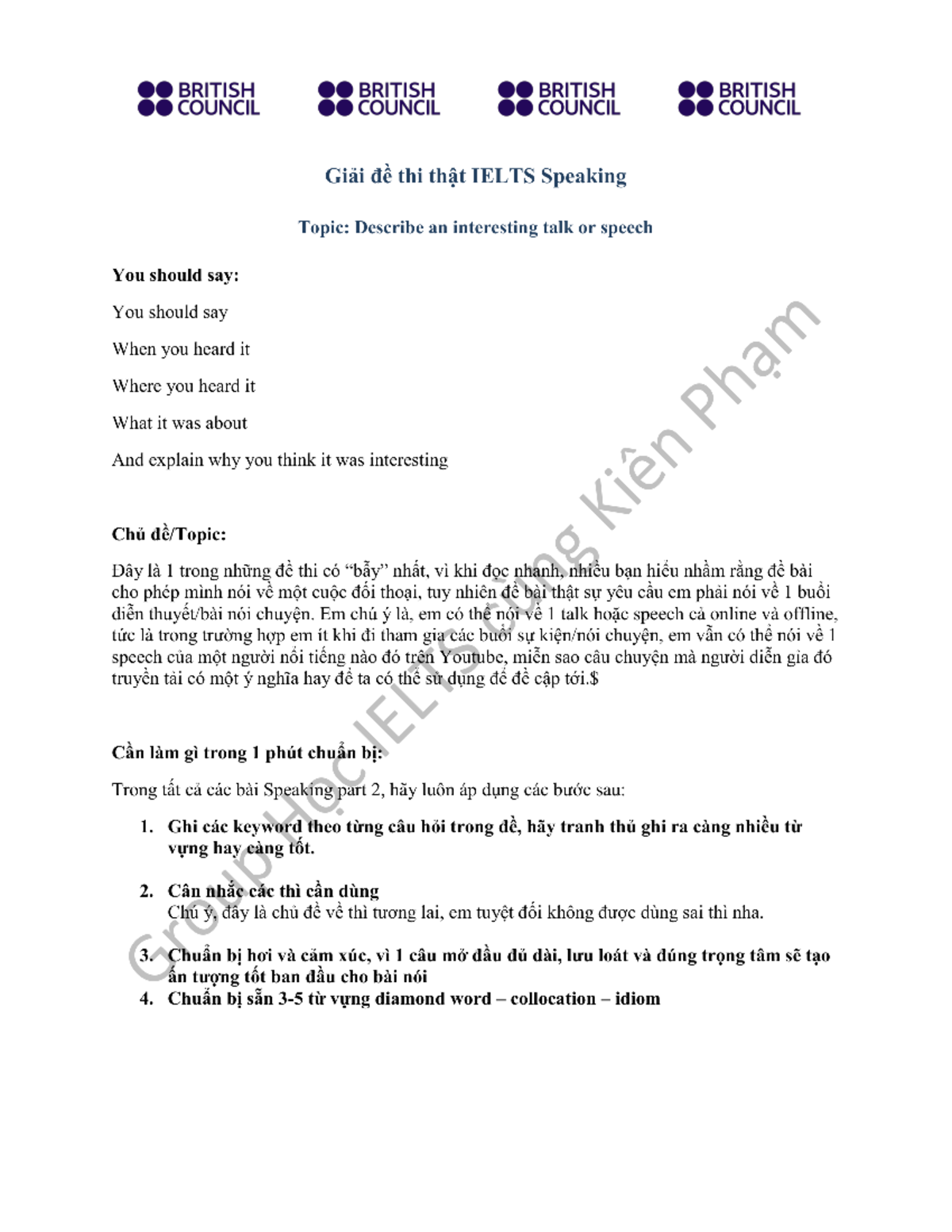 IELTS Speaking: Describe an Interesting Talk or Speech - Studocu