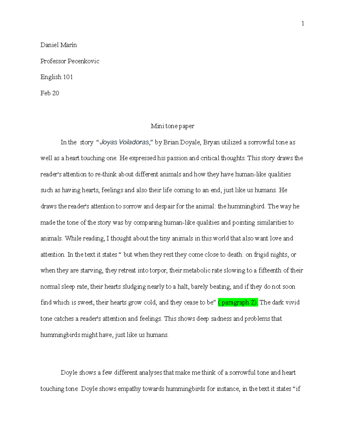 English 101 Mini Tone Paper: Analyzing Sorrow in Doyle's Hummingbird ...