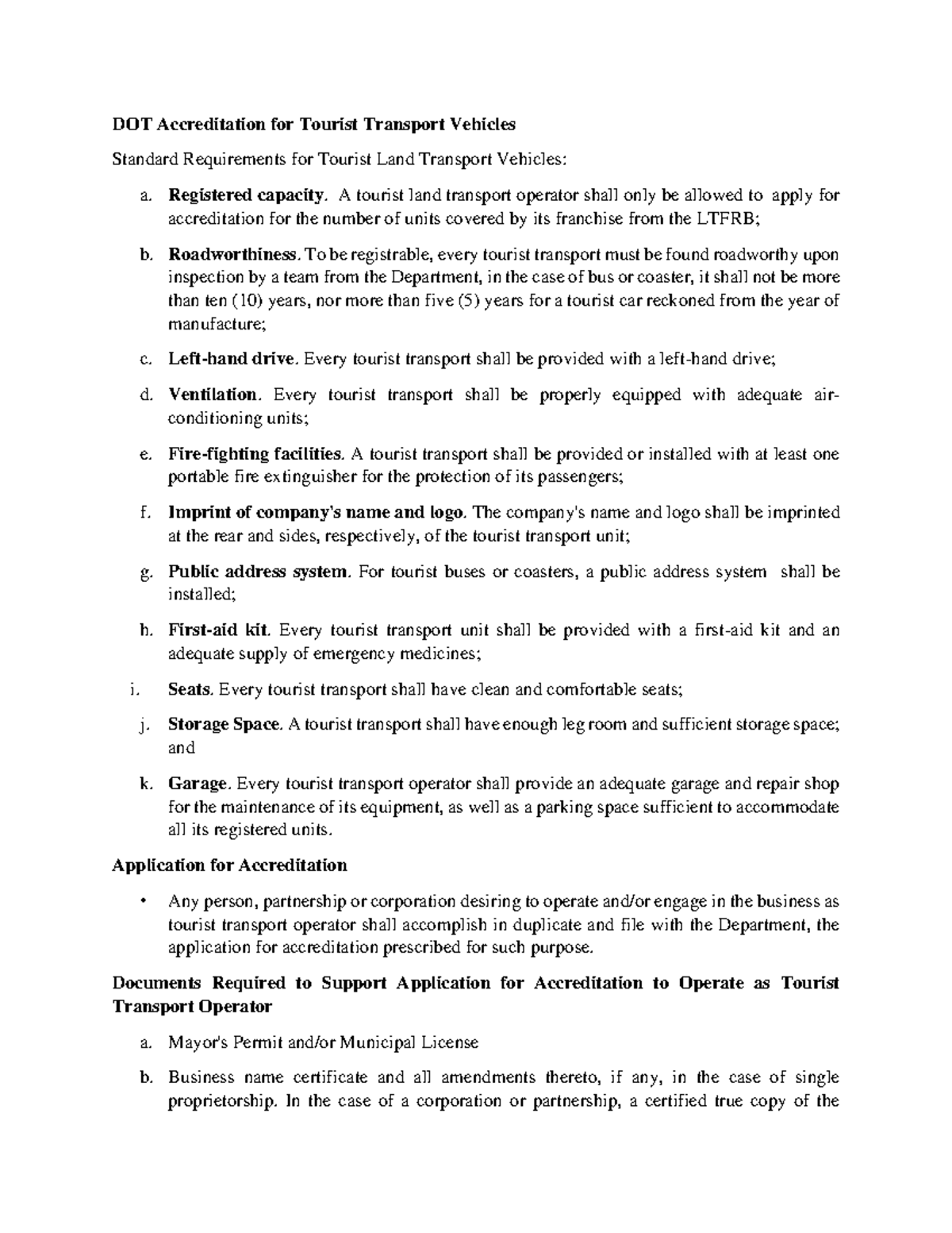 DOT Accreditation for Tourist Transport Vehicles - Registered capacity ...