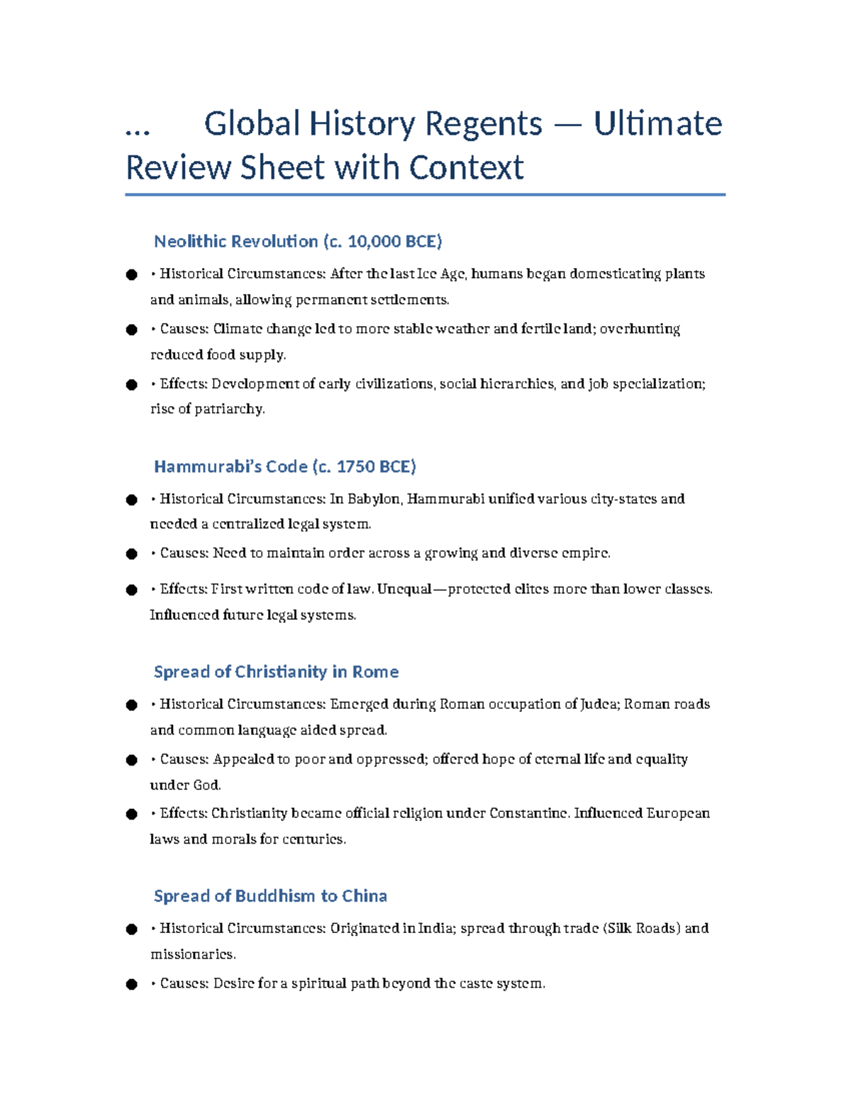 Global History Regents Review: Key Events & Impacts - Studocu