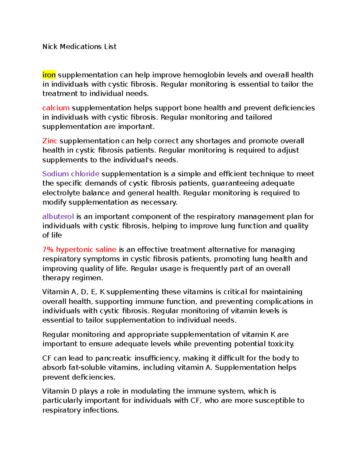 Cystic fibrosis - CF assignments - Nick Medications List iron ...