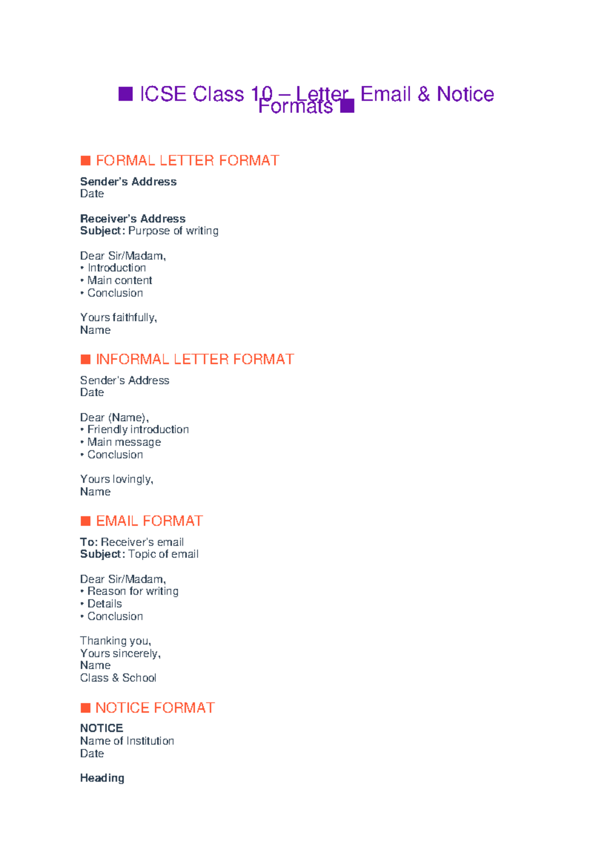 ICSE Class 10 Letter Email Notice Formats - n ICSE Class 10 – Letter ...
