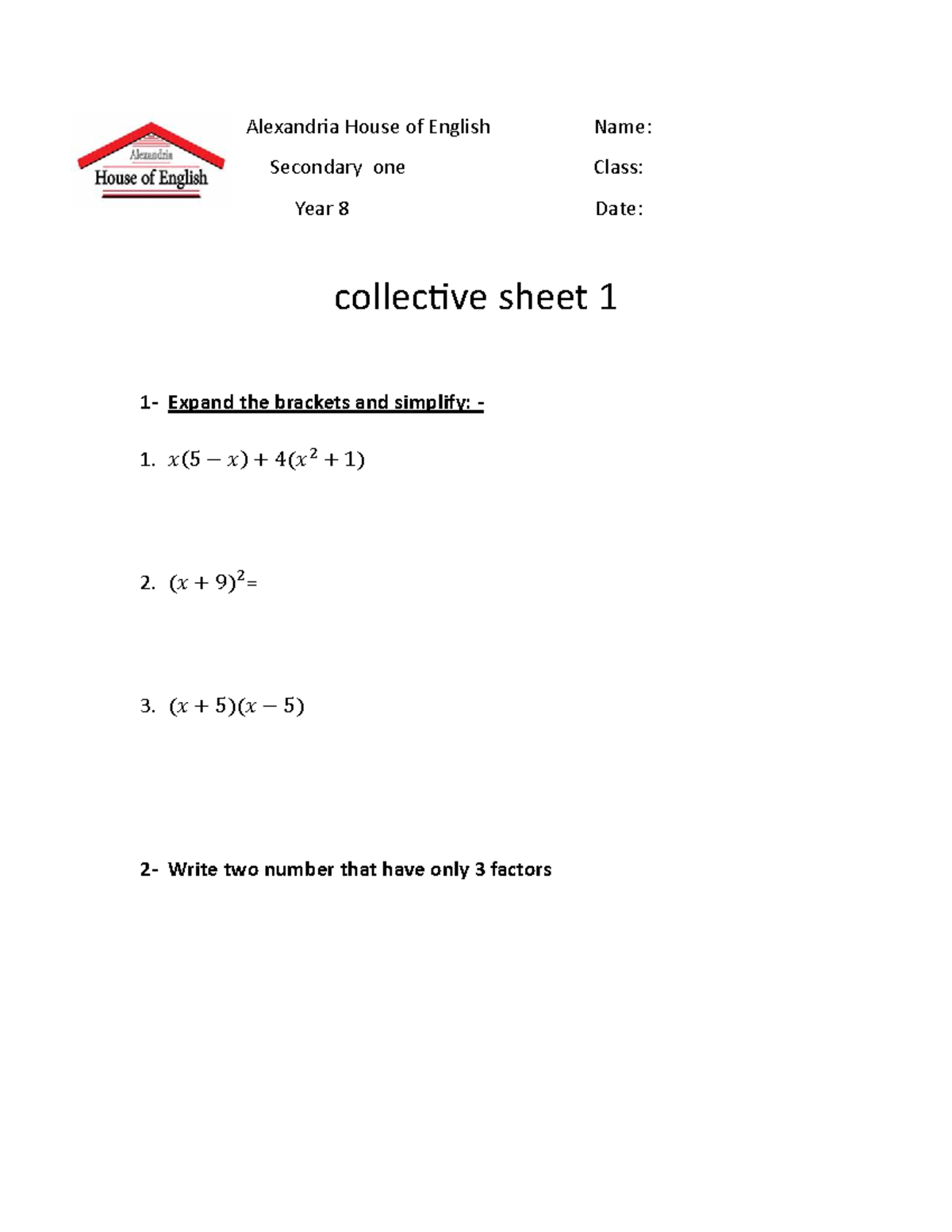Year 8 Math Collective Sheet 1: Expanding, Simplifying & Factors - Studocu