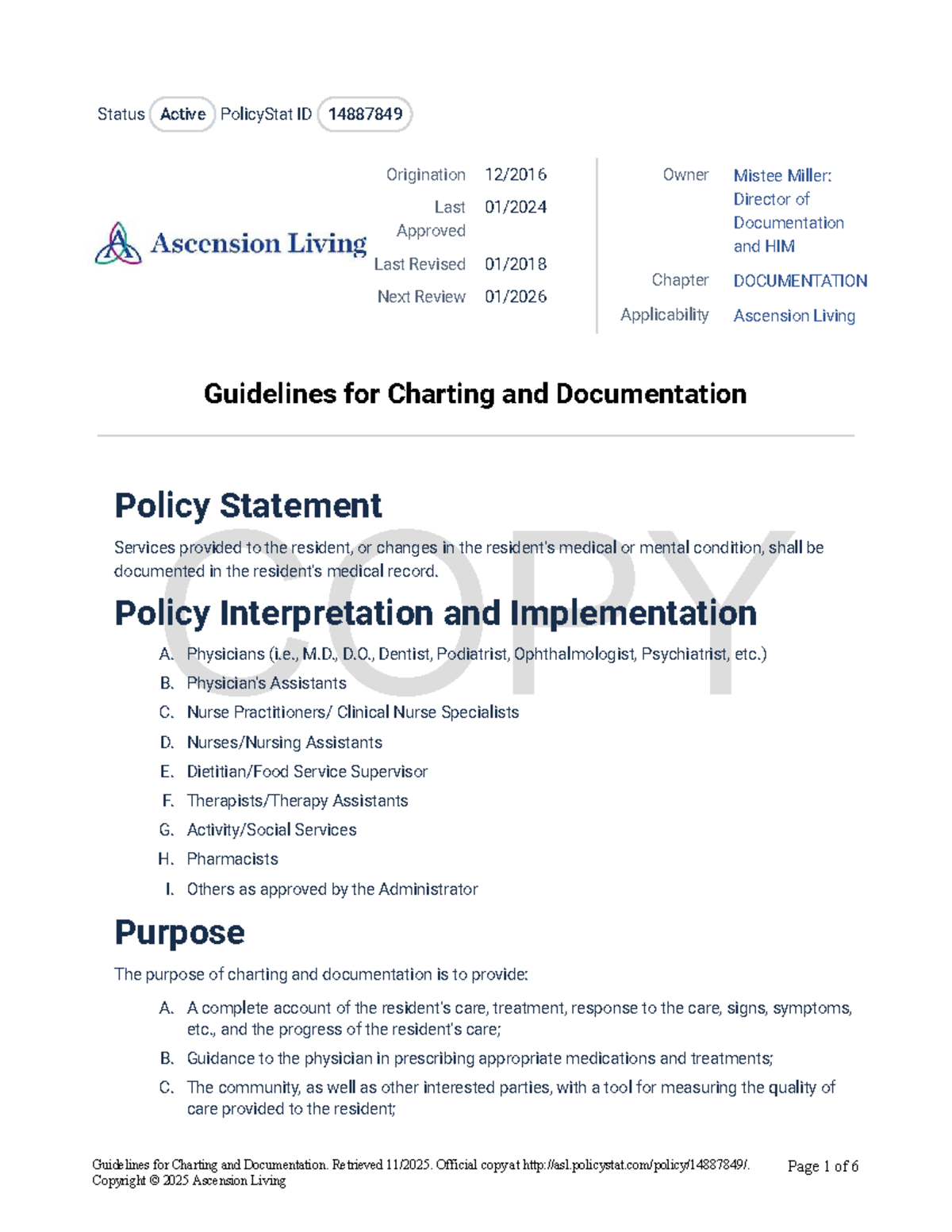Guidelines for Charting and Documentation (PolicyStat ID 14887849 ...