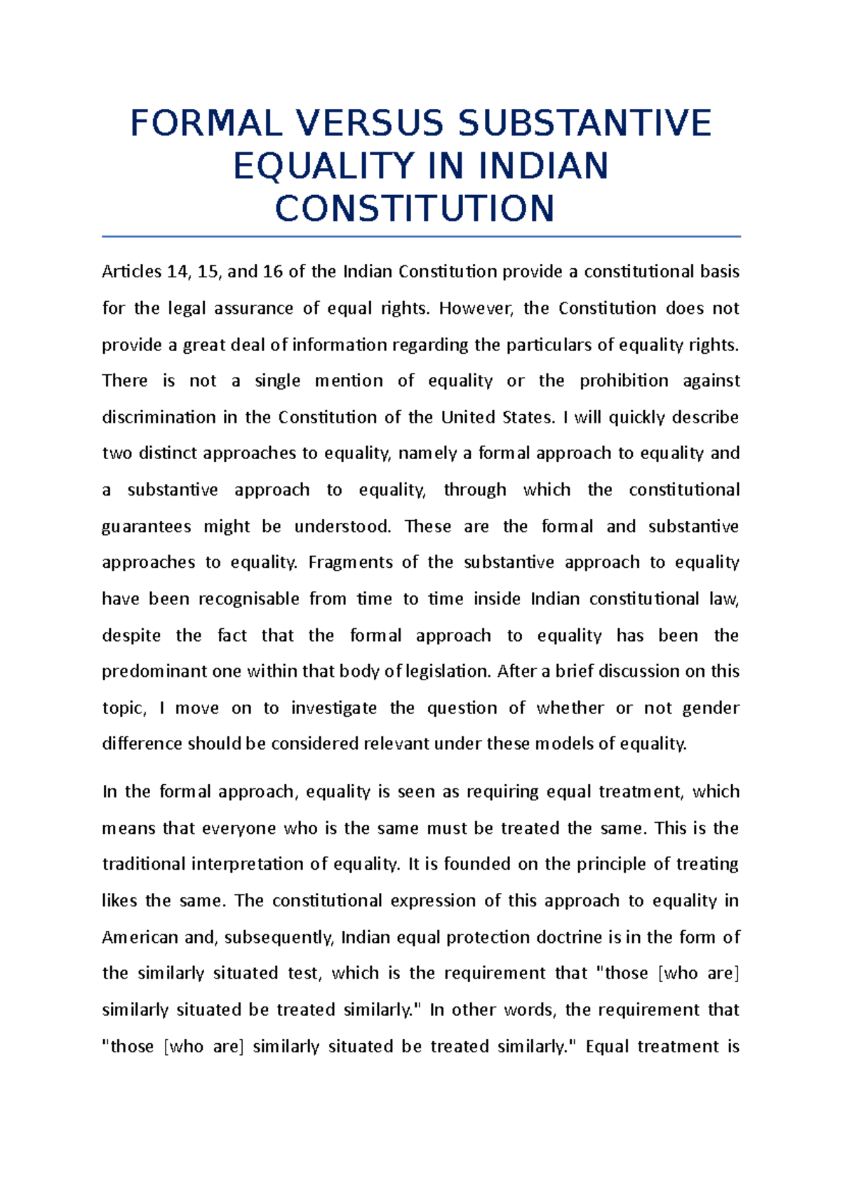Formal vs. Substantive Equality: Analysis in Indian Constitution - Studocu