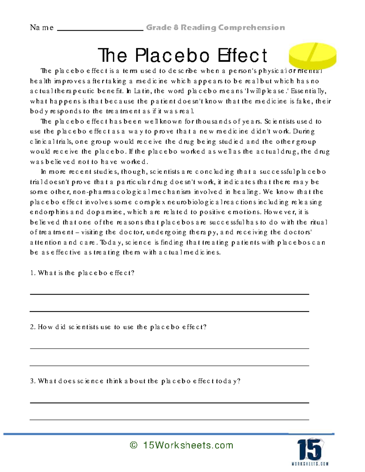 10-713 - Grade 8 Reading Comprehension: The Placebo Effect - Studocu
