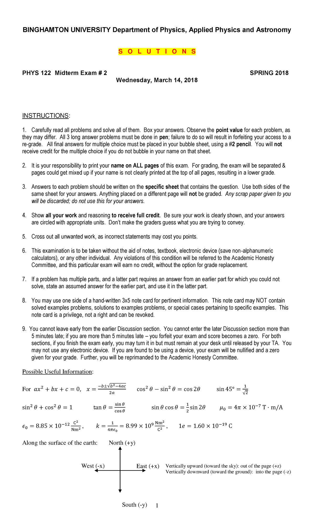 PHYS 122 Midterm Exam II Solutions - Spring 2018 - Studocu