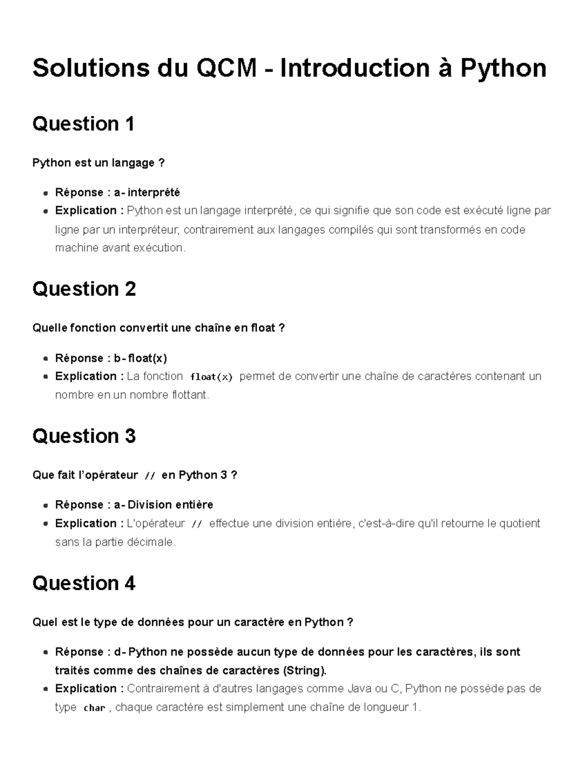 QCM Python - Solutions et Explications pour Questions Courantes - Studocu