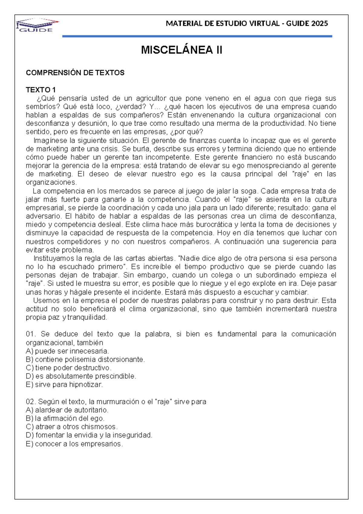 MATERIAL DE ESTUDIO VIRTUAL GUIDE 2025: COMPRENSIÓN DE TEXTOS - MISCELÁNEA II - Studocu