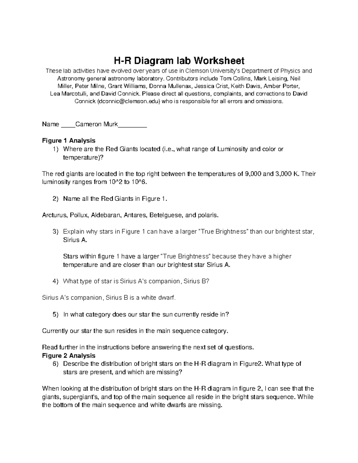 H-R Diagram Lab Worksheet Analysis and Findings - Studocu