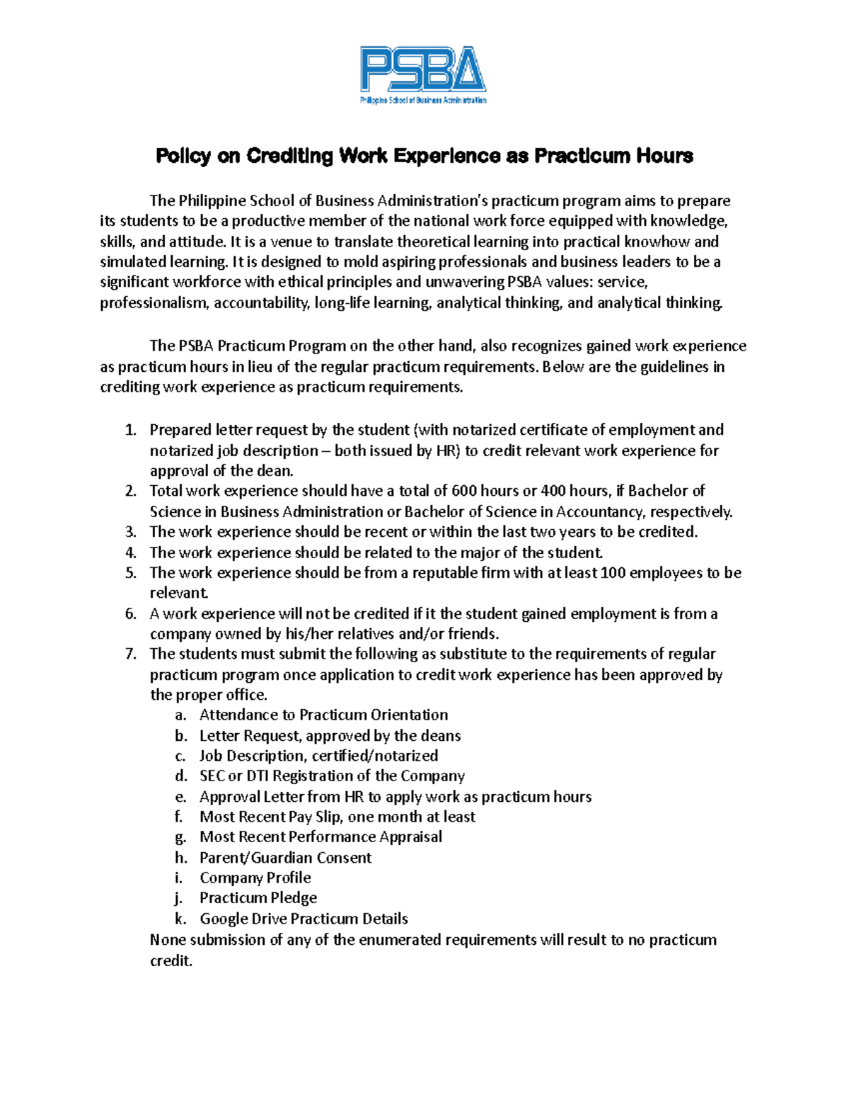 Policy on Crediting Work Experience as Practicum Hours (PSBA) - Studocu