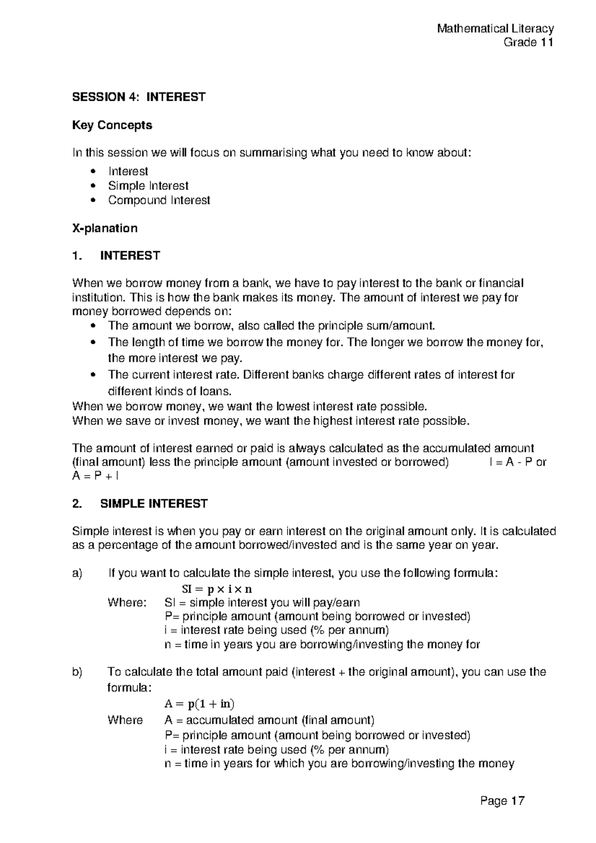 Mathematical Literacy Grade 11: Interest Concepts & Calculations - Studocu