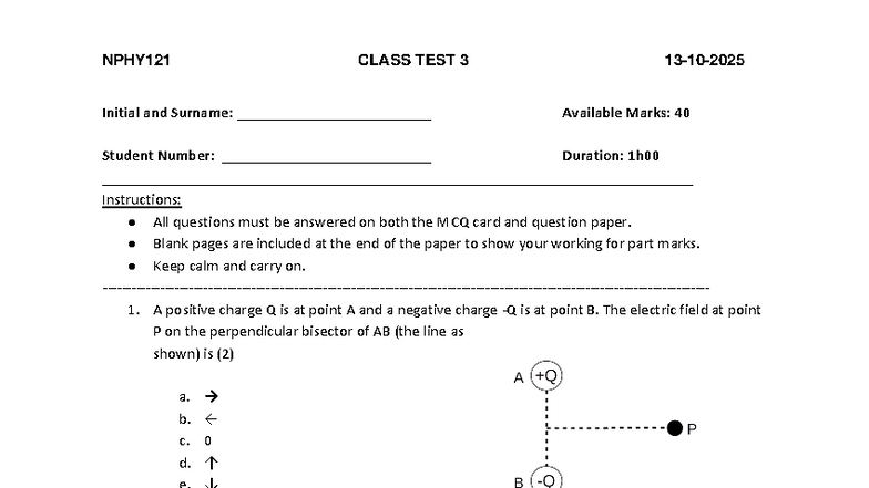 NPHY121 Class Test 3: Electric Fields and Forces Analysis - Studocu