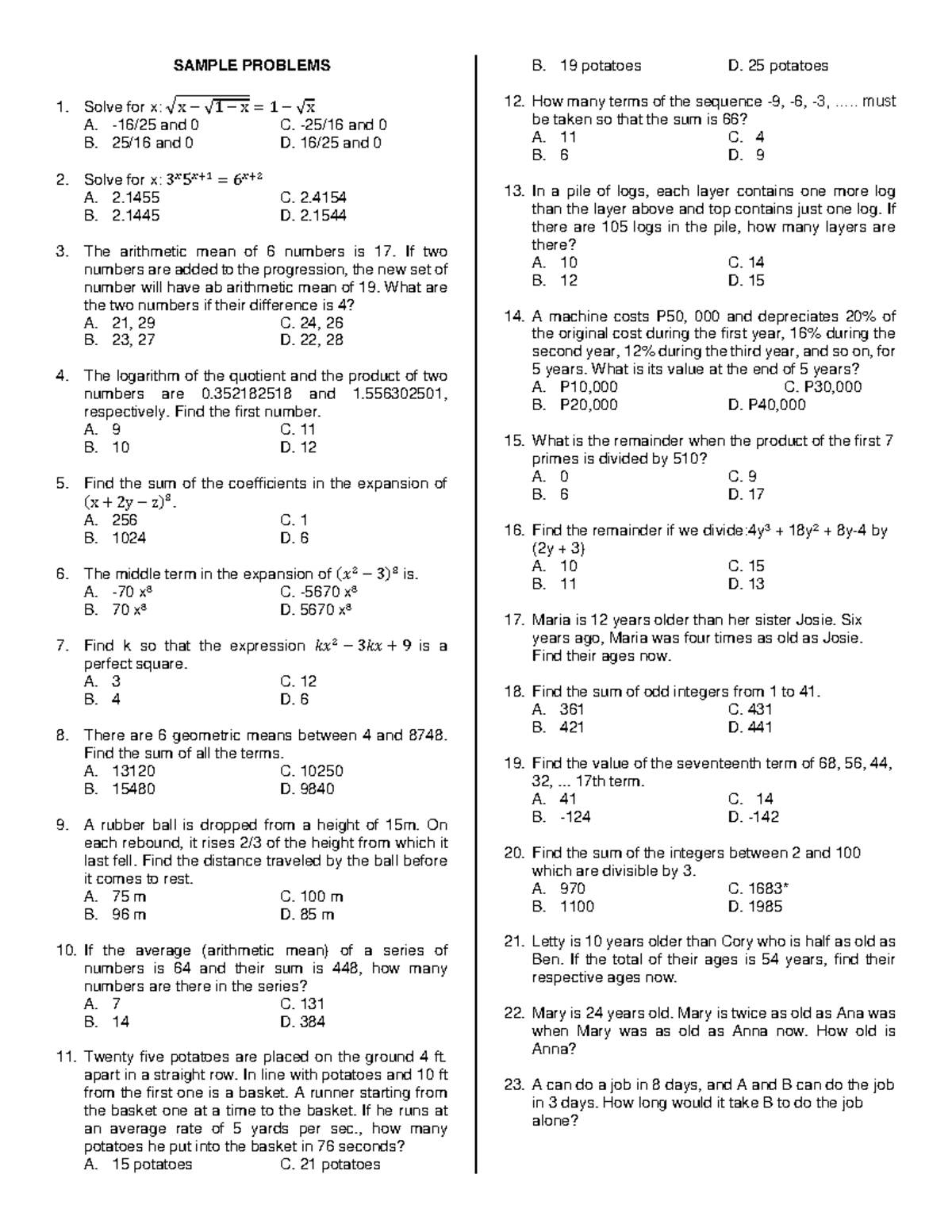 Algebra Problems 2: Sample Questions and Solutions - Studocu