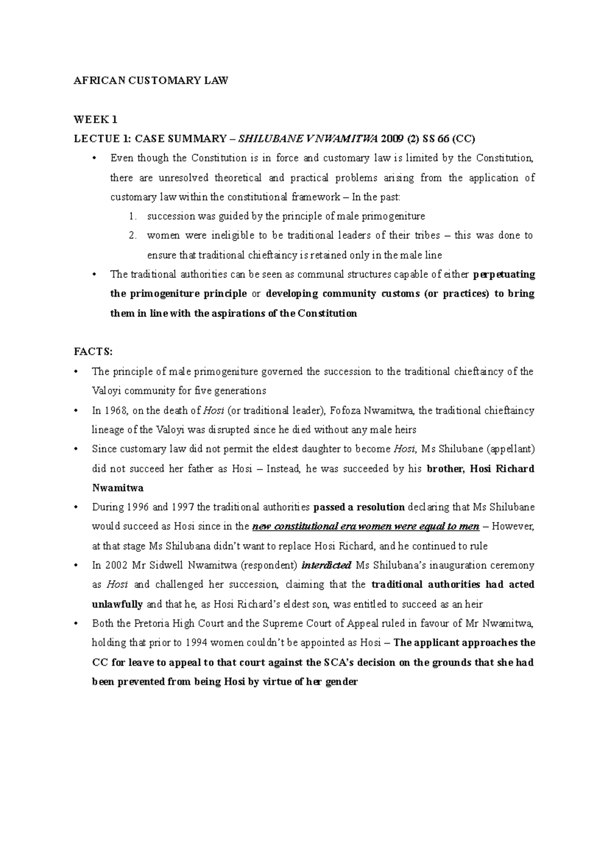African Customary Law - Lecture Notes on Case Summaries & Key Features ...